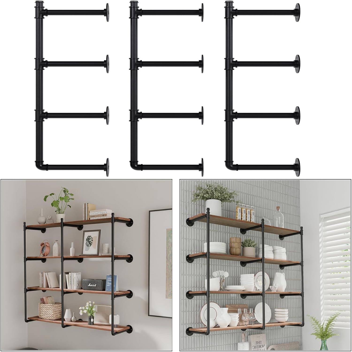 industrial pipe shelf brackets wall mount, open black pipe shelving for ...