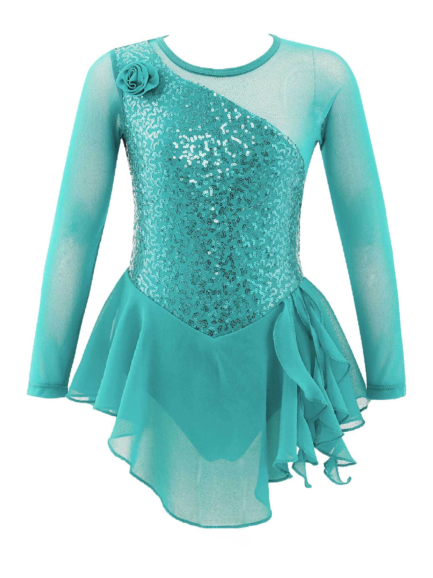 inhzoy Girls Ballet Gym Long Sleeve Skirted Leotards Sequins Tutu Skirt ...