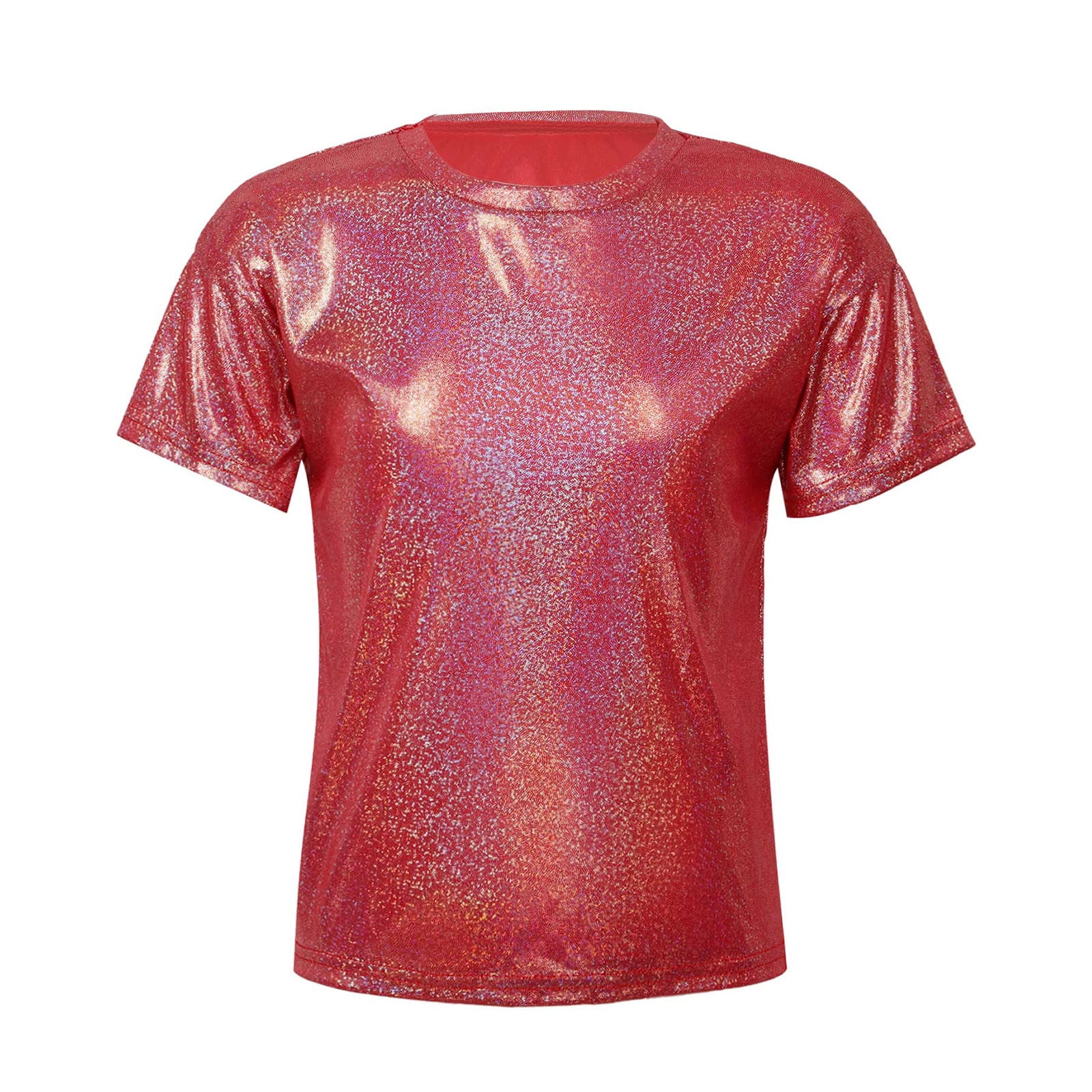 inhzoy Girls Boys Shiny Metallic Modern Dance Jazz Top Short Sleeve ...