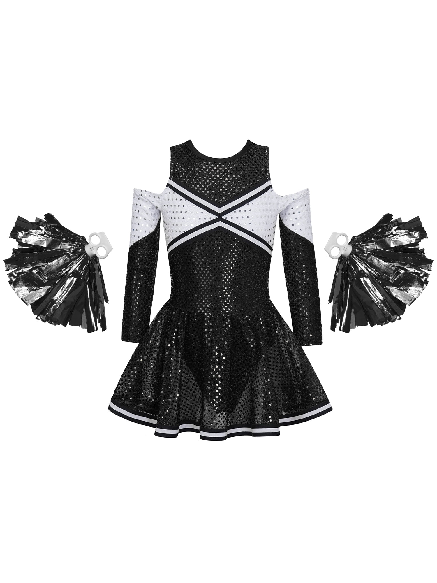 inhzoy Girls Cheerleading Uniforms Shiny Fancy Dress with Pompoms High ...