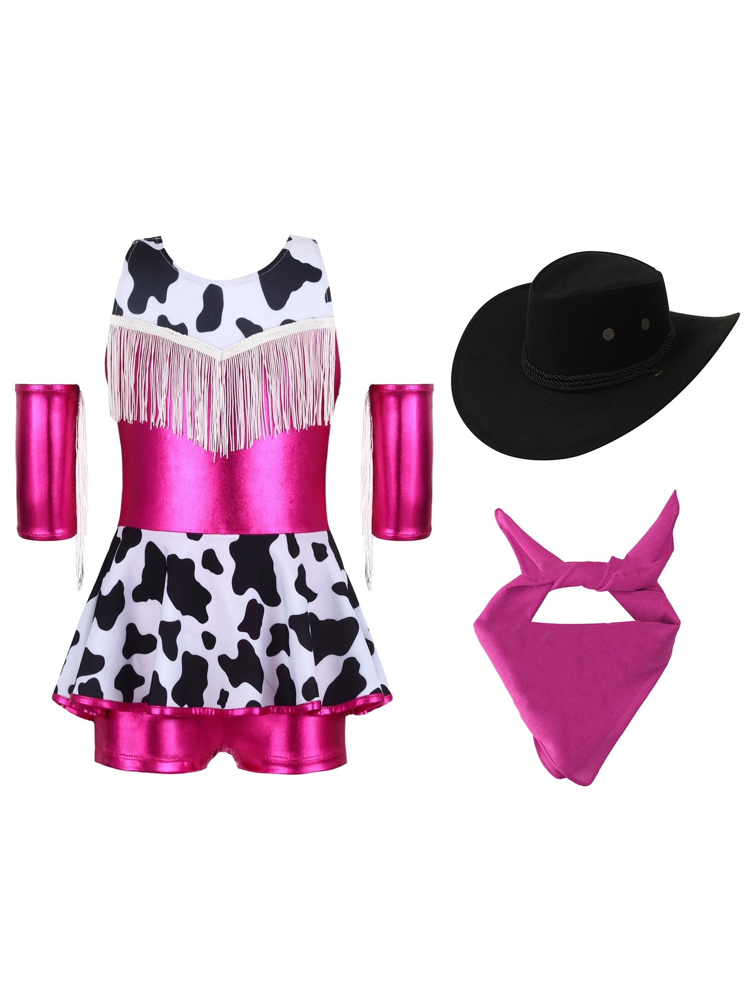 inhzoy Girls Cowgirls Western Cowboy Outfit 4 Pcs Metallic Leotard Hat ...