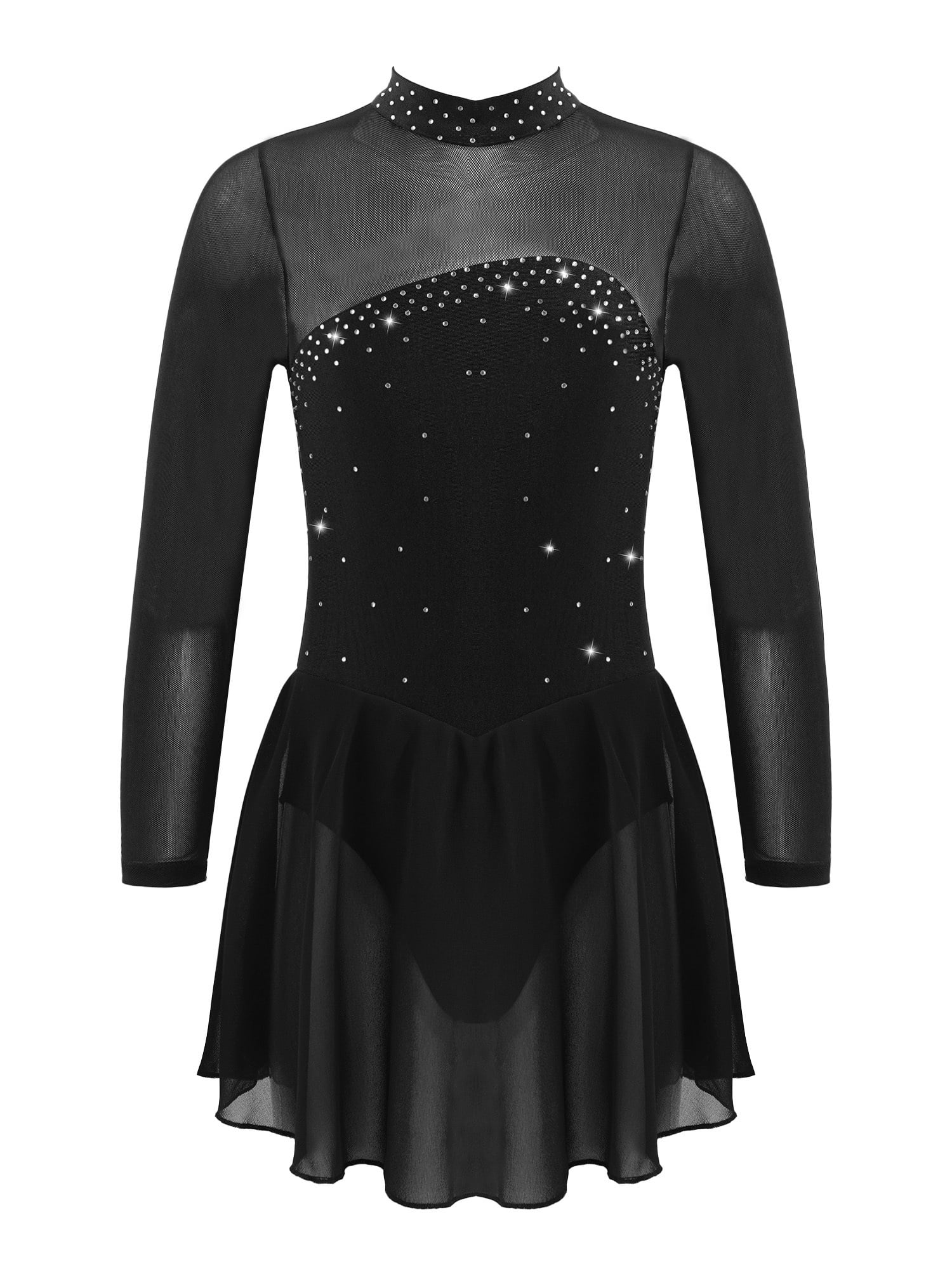 inhzoy Girls' Figure Ice Skating Dress Shiny Rhinestones Mesh Ballet Dance Leotard Dress Black ...