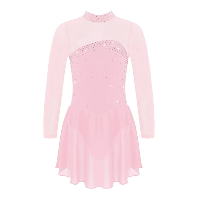 inhzoy Girls' Figure Ice Skating Dress Shiny Rhinestones Mesh Ballet Dance Leotard Dress Pink 10 ...