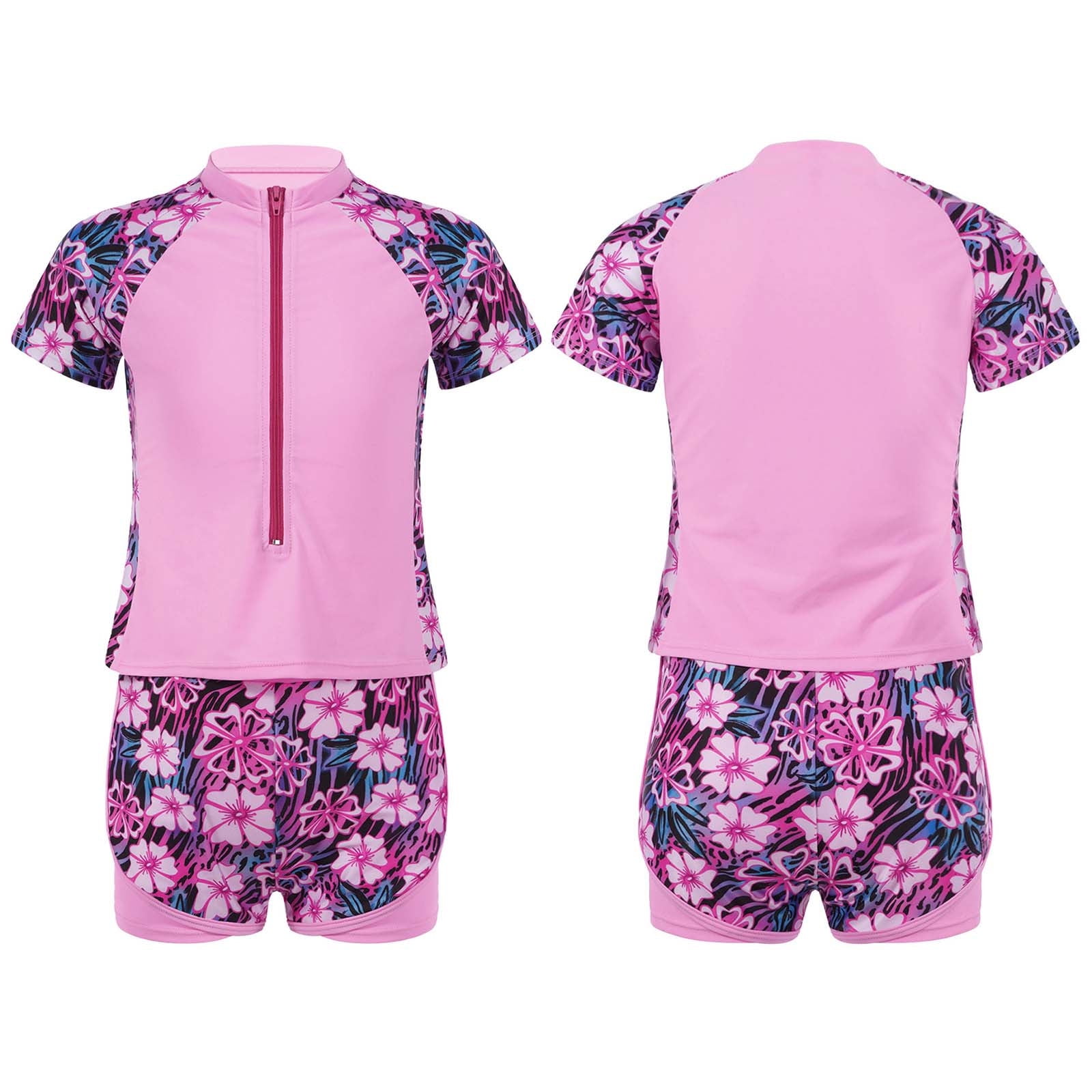 inhzoy Girls Floral 2 Pieces Rashguard Sets Short Sleeve Shirts with ...
