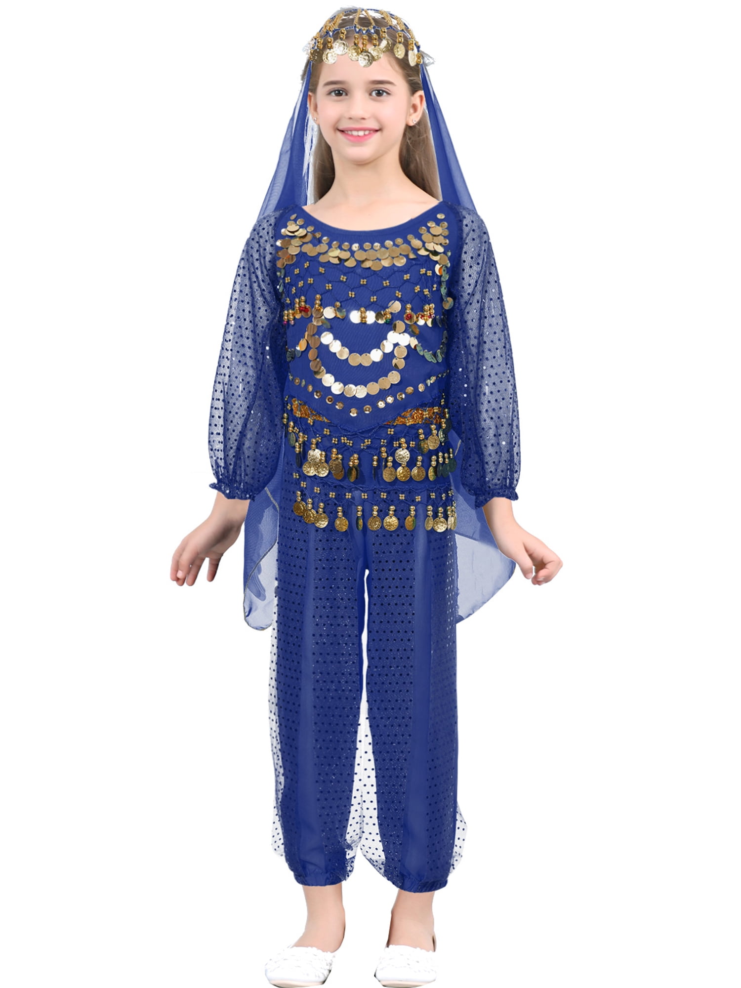 inhzoy Girls Indian Belly Dance Outfit Crop Top Ruffled Pants Hip Scarf ...