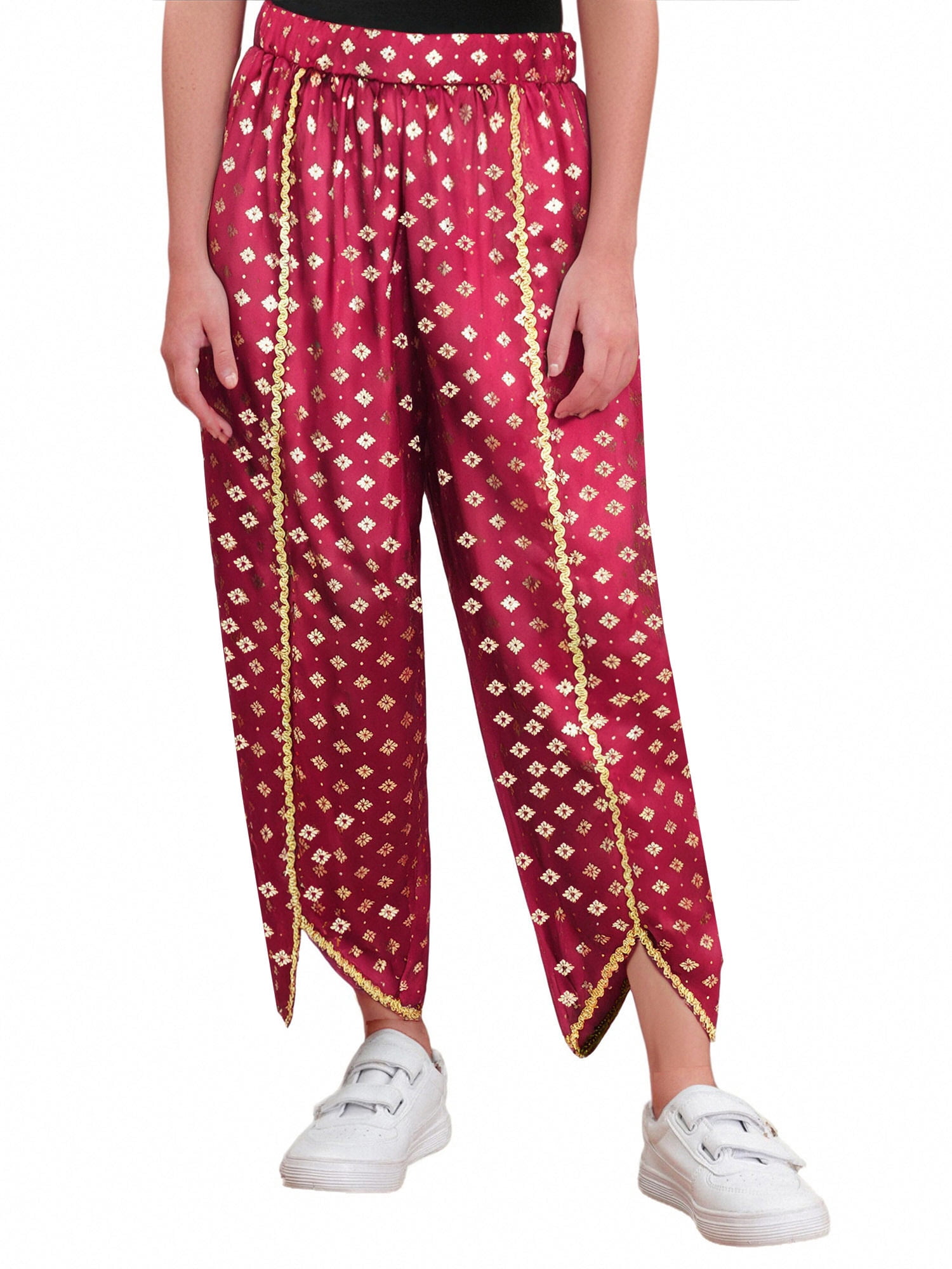 inhzoy Girls Indian Dhoti Pants Satin with Elastic Waist Gold Trim ...
