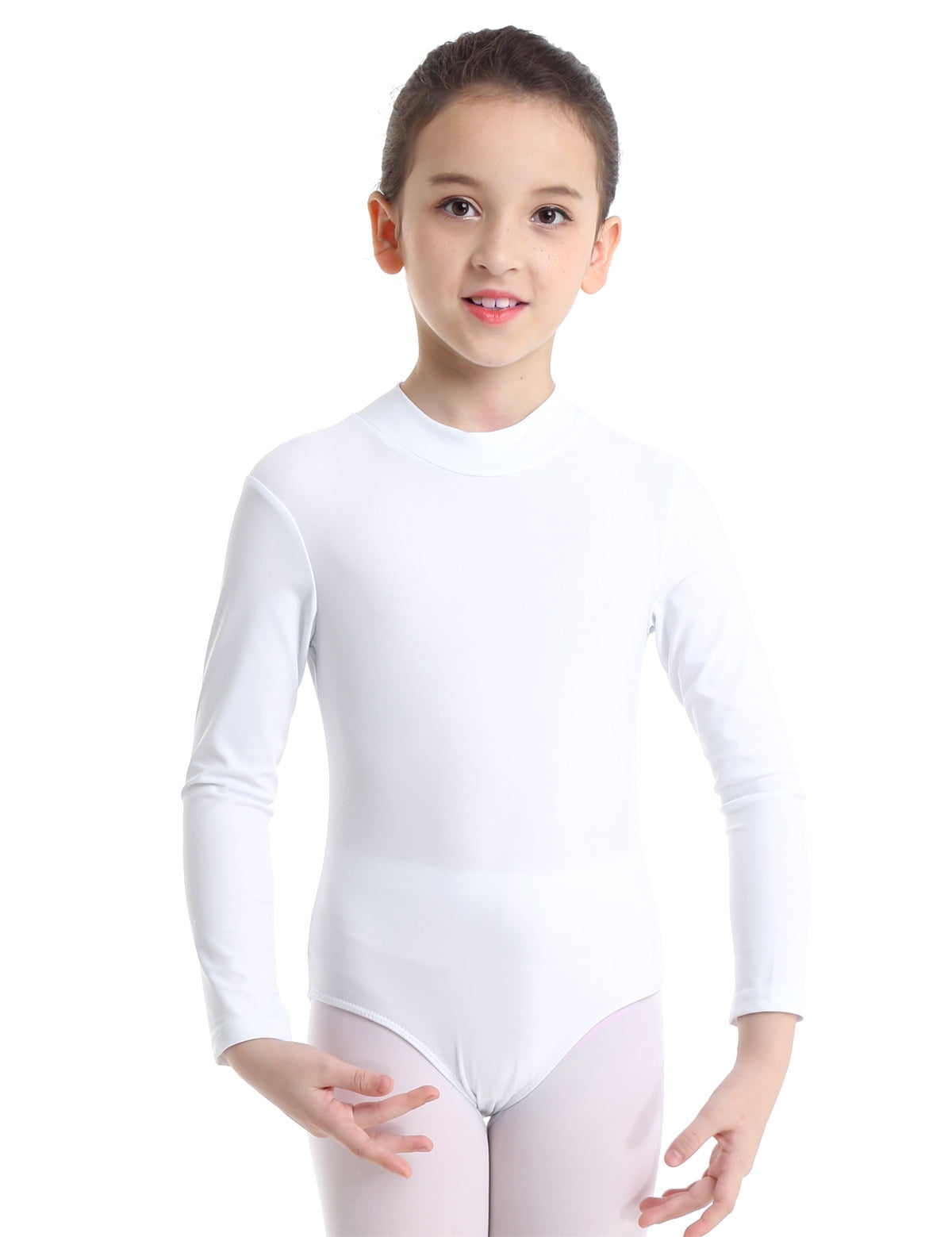 Inhzoy Girls Long Sleeves Ballet Dance Leotard Dancewear White 3 4