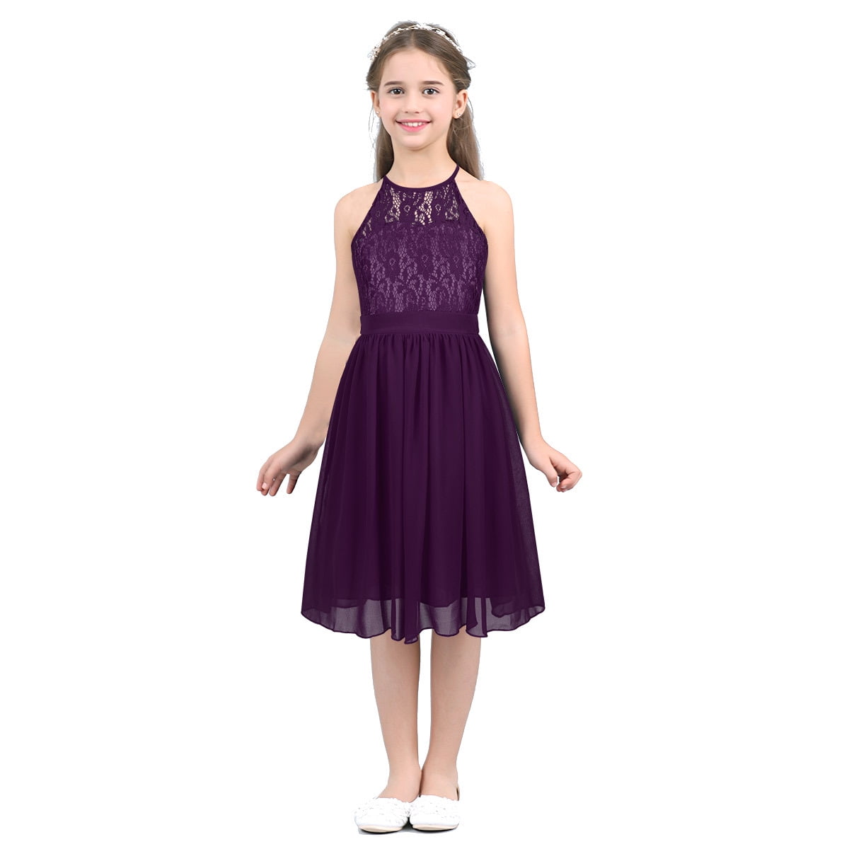 inhzoy Girls' Princess Halter Neck Lace Chiffon A-Line Junior ...