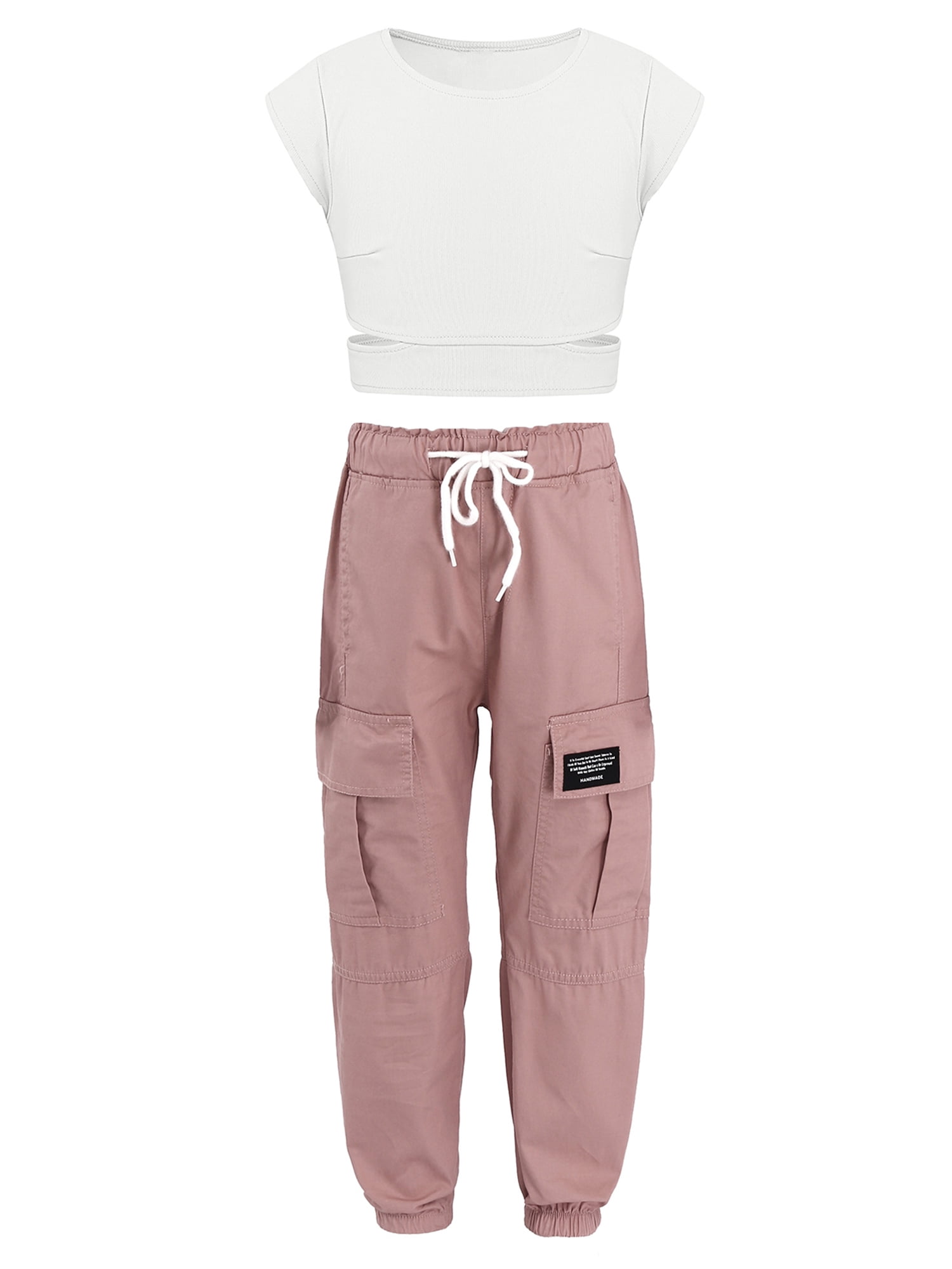 inhzoy Kid Girls Hip Hop Dance Clothes Street Dance Outfits Ivory&Pink ...