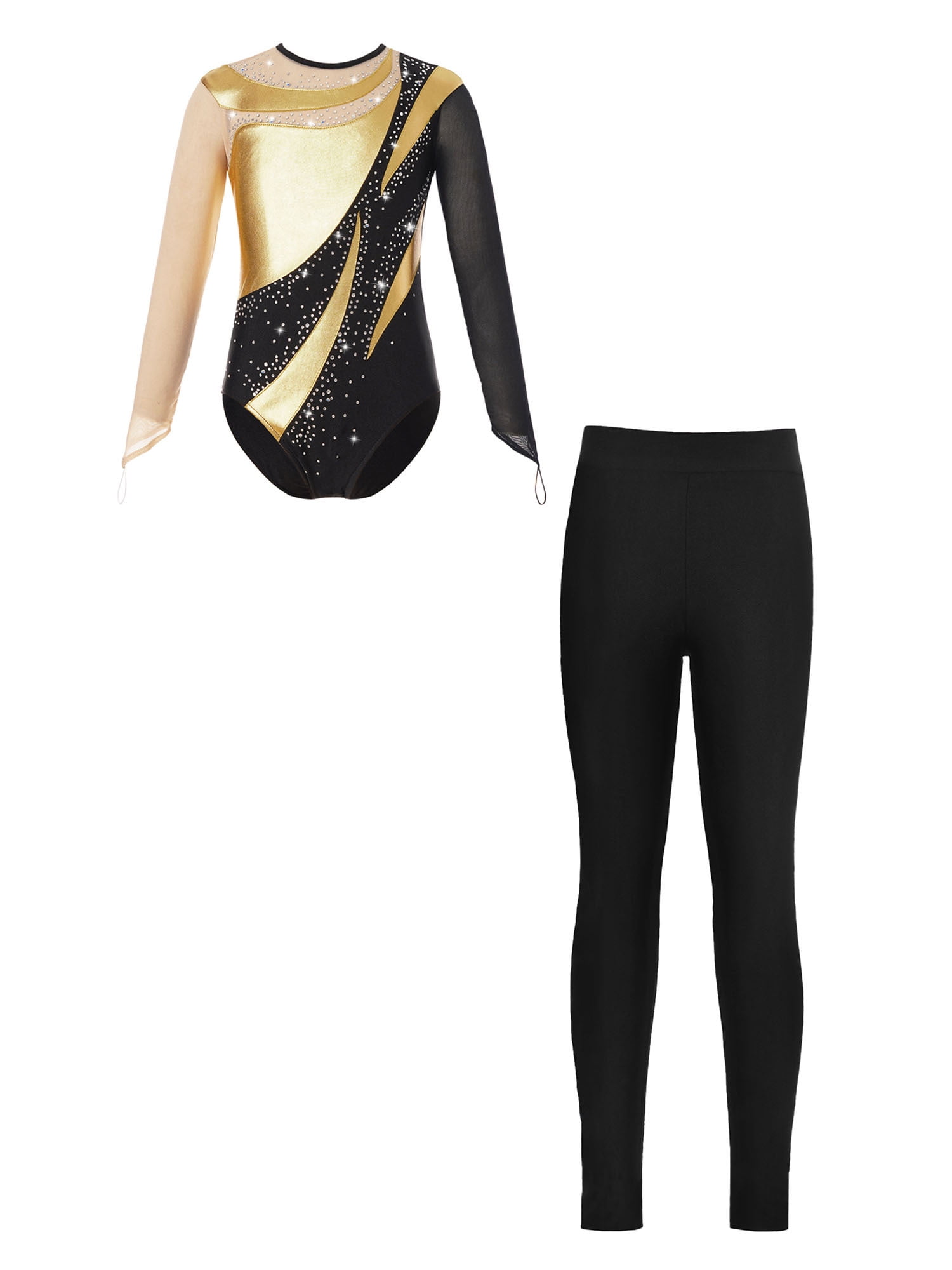 inhzoy Kid Girls Long Sleeve Gymnastic Leotards with Leggings Metallic ...