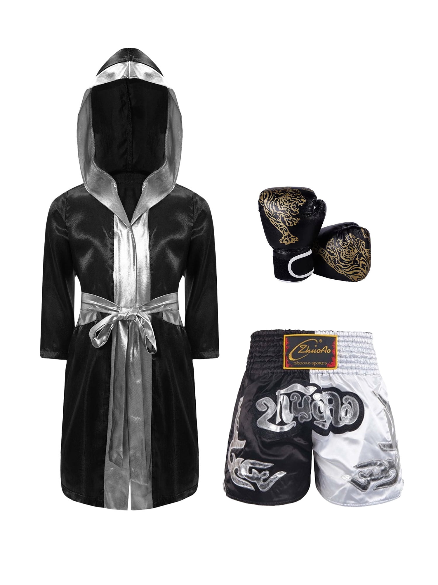 inhzoy Kids Boys 3 Piece Boxing Outfit Satin Hooded Cloak Boxing Robe ...