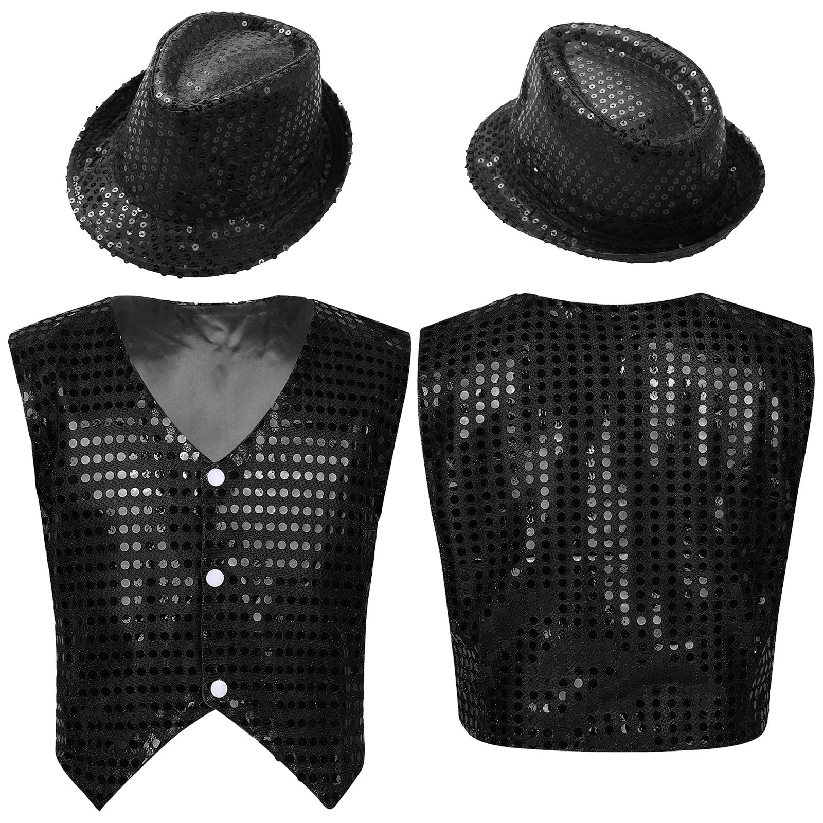 inhzoy Kids Boys Sequin Dance Vest Button Down Waistcoat and Hat ...