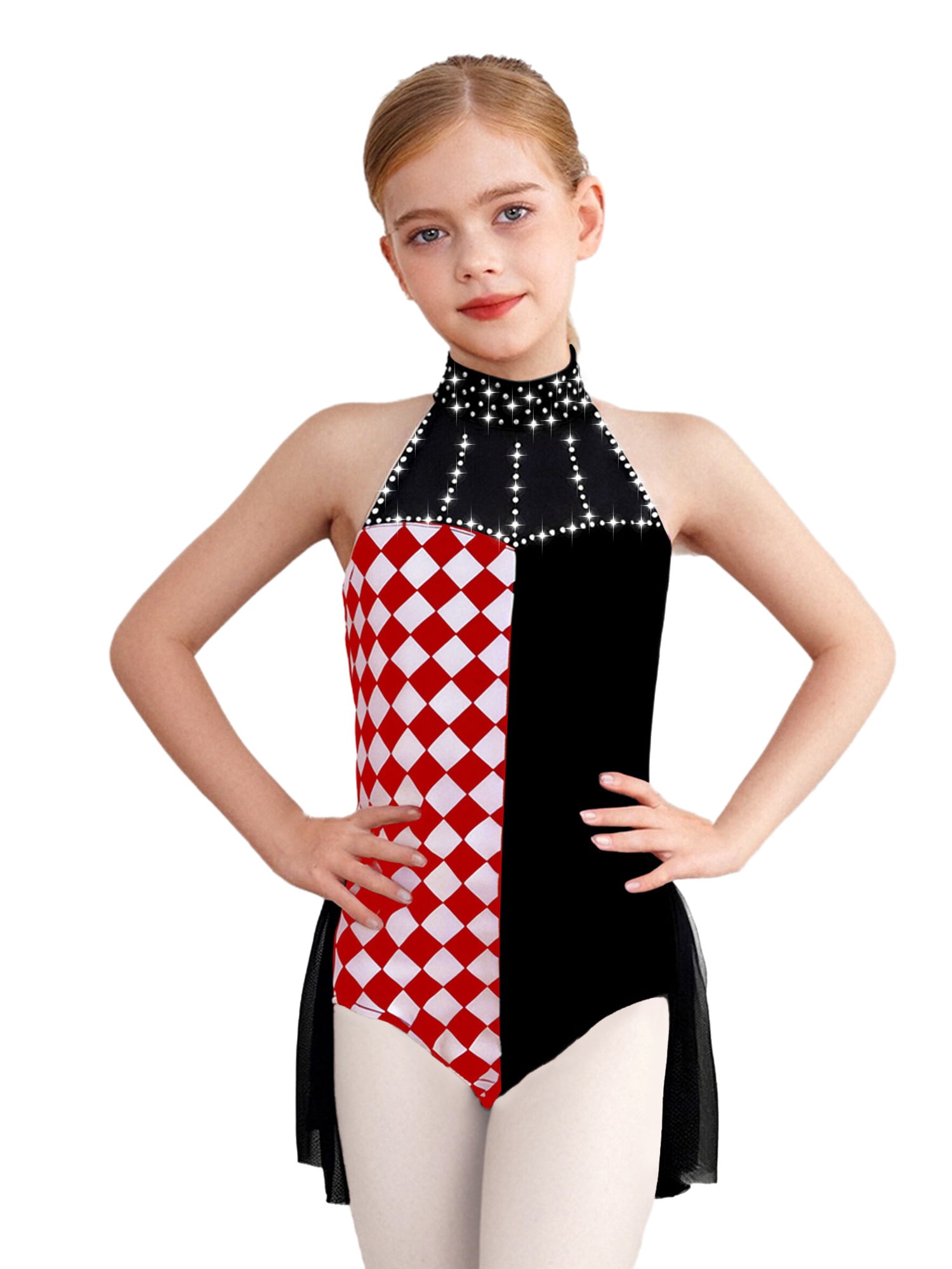 inhzoy Kids Girl Checkerboard Halter Dance Leotard Sleeveless Clown ...