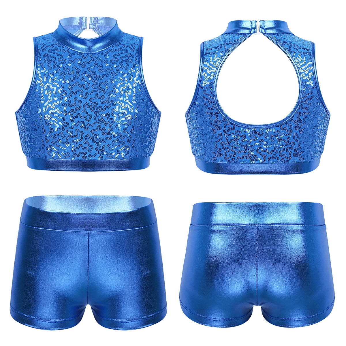 inhzoy Kids Girls 2 Piece Shiny Dance Outfits Crop Top Metallic Shorts ...