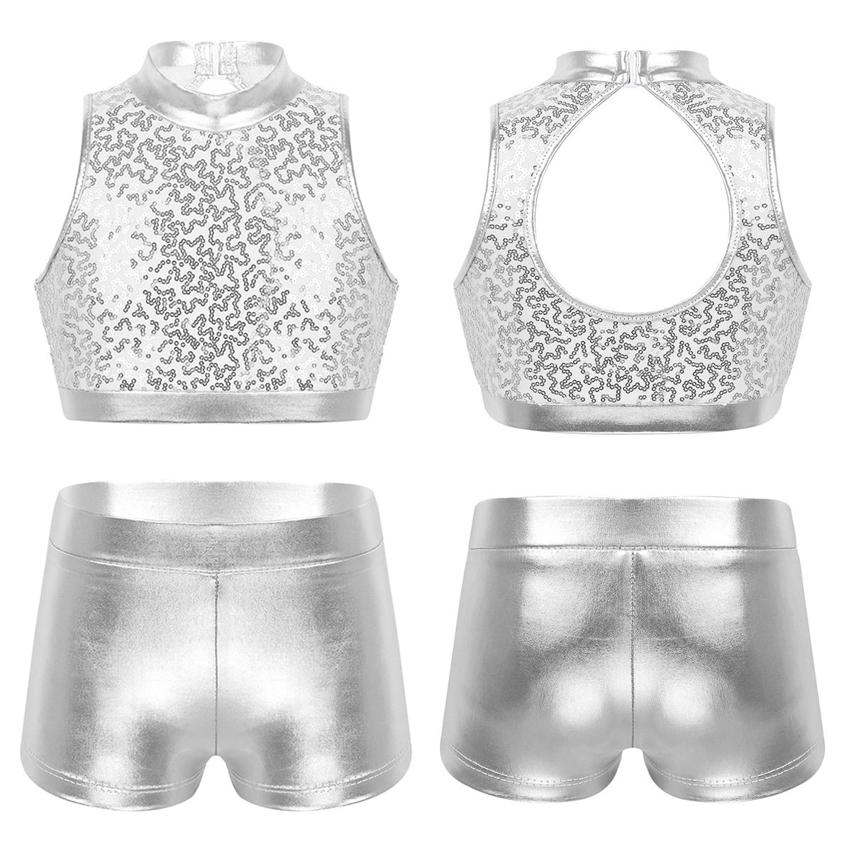 inhzoy Kids Girls 2 Piece Shiny Dance Outfits Crop Top Metallic Shorts ...