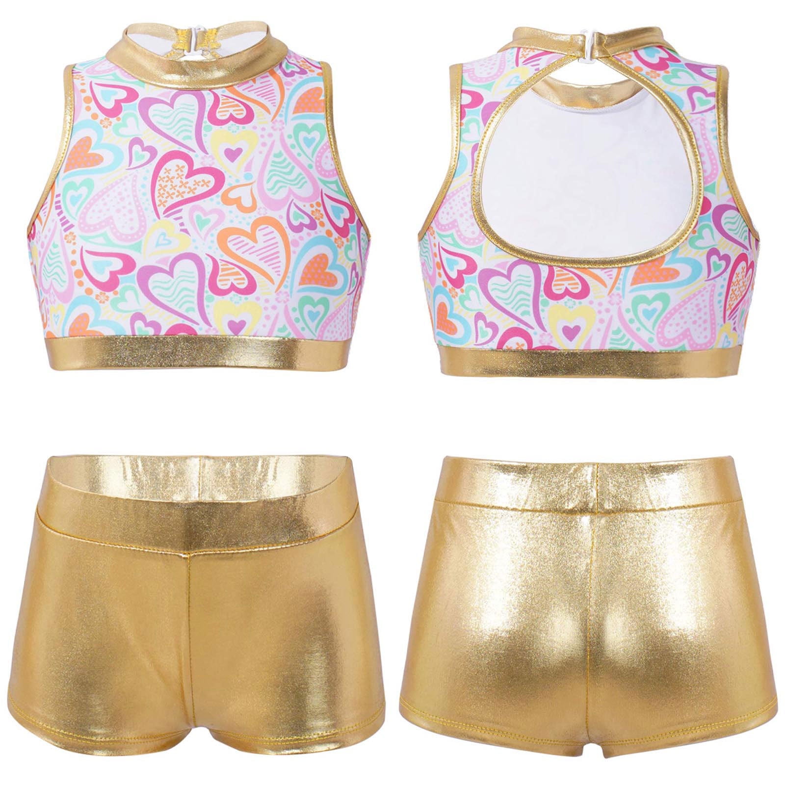 inhzoy Kids Girls 2 Piece Shiny Dance Outfits Crop Top Metallic Shorts ...