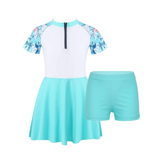 inhzoy Kids Girls 2PCs Swimsuit Short Sleeve Zipper Swim Dress with ...