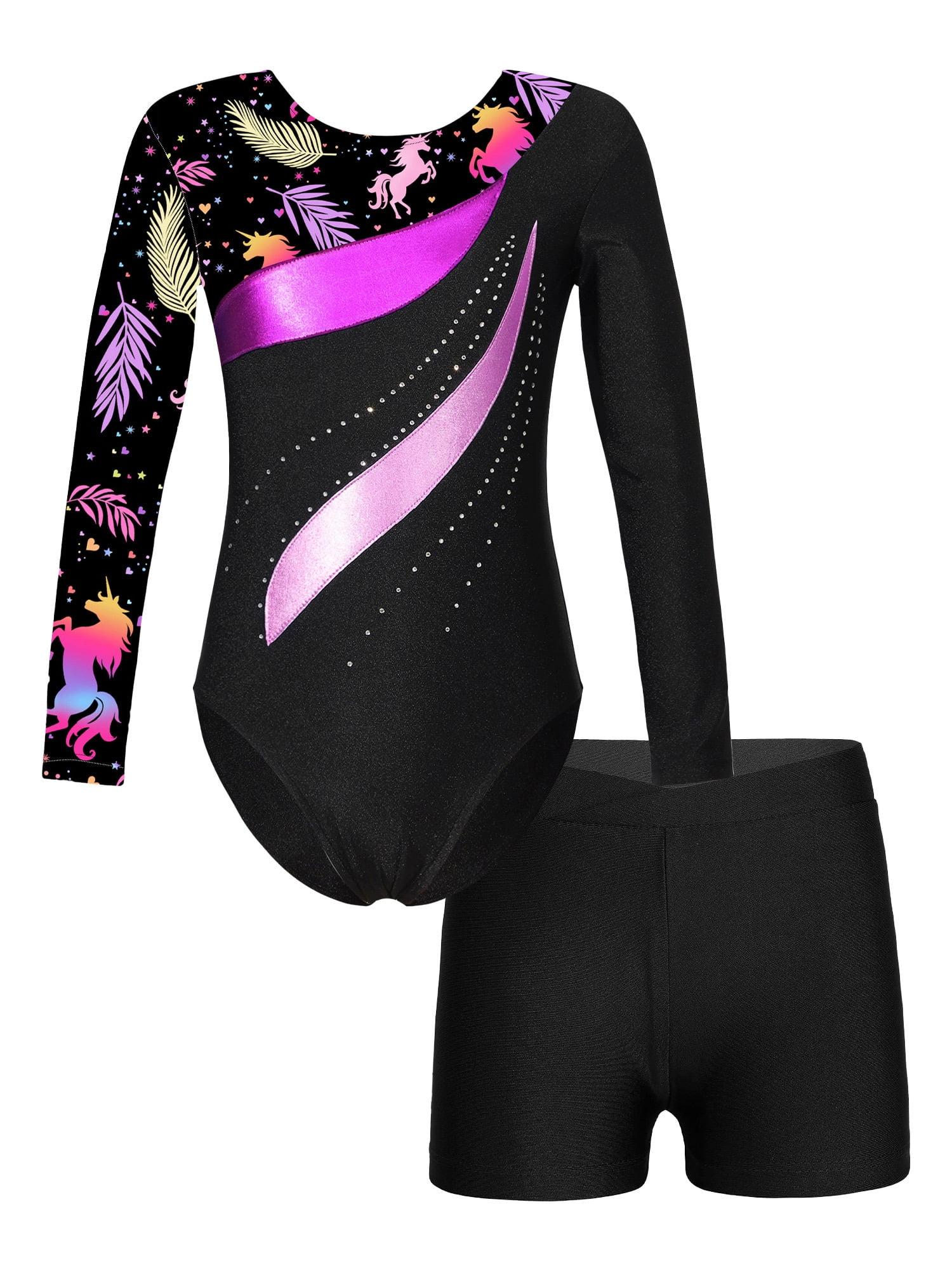 inhzoy Kids Girls 2Pcs Gymnatic Leotard Unitard Set Rhinestones Long ...