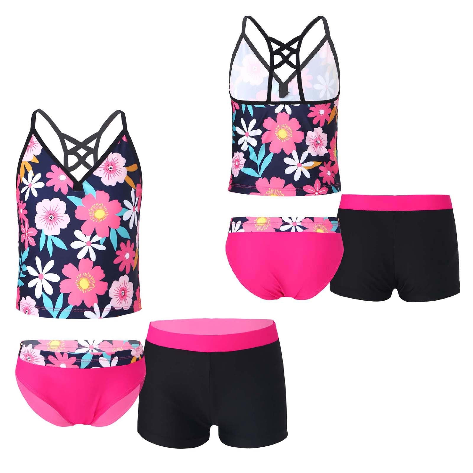 inhzoy Kids Girls 3 Piece Swimsuit Tankini Floral Printed Tops with ...