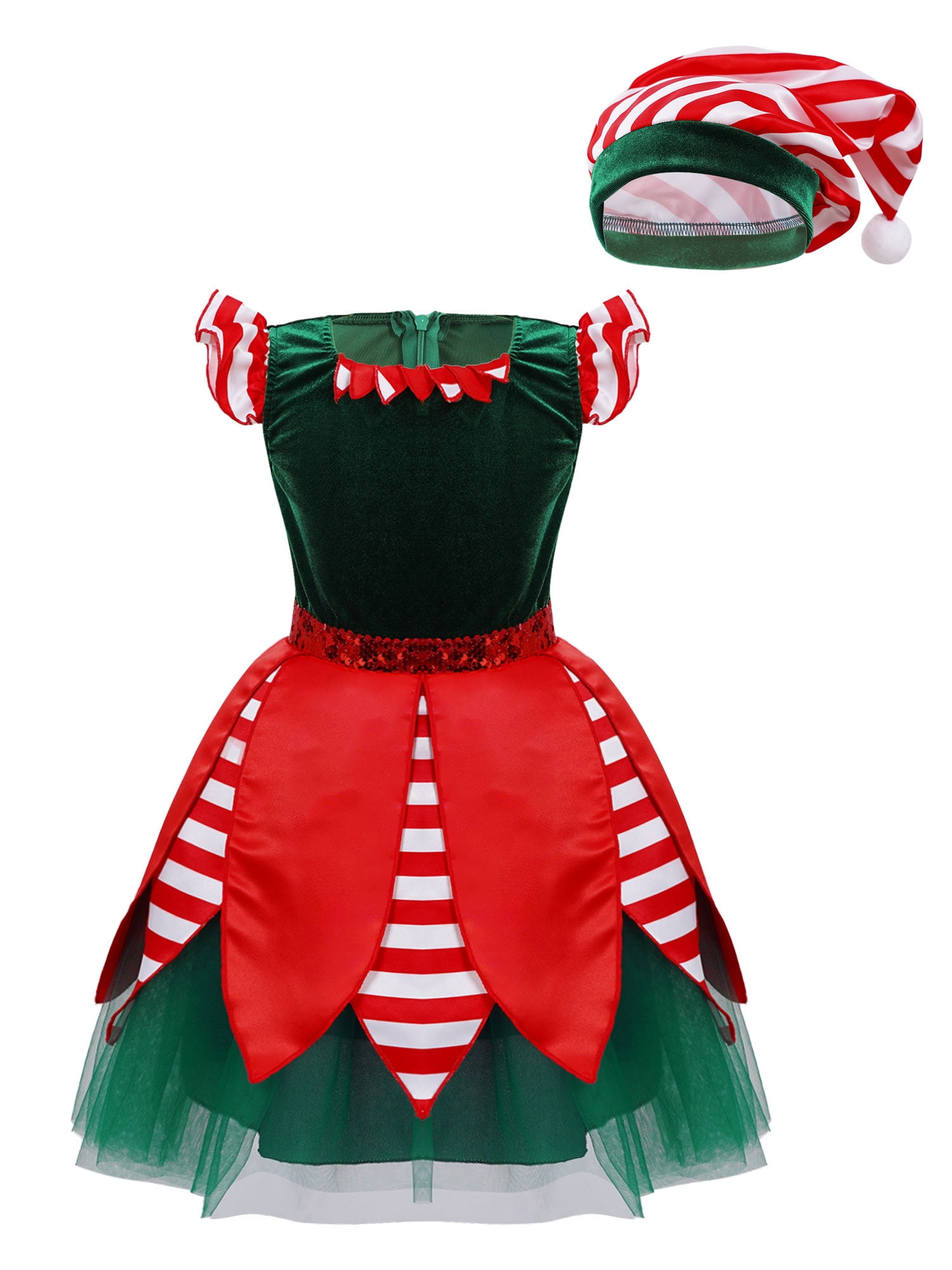 inhzoy Kids Girls Christmas Elf Dress-Up Xmas Holiday Sequins Tutu ...
