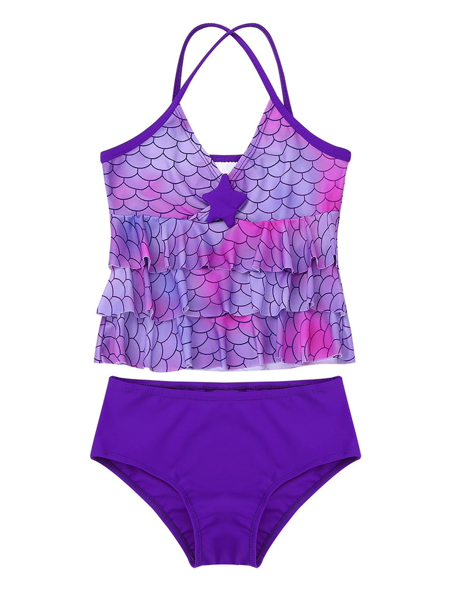 inhzoy Kids Girls Fish Scales Printed Cross Back Swim Tops Bottoms Set ...