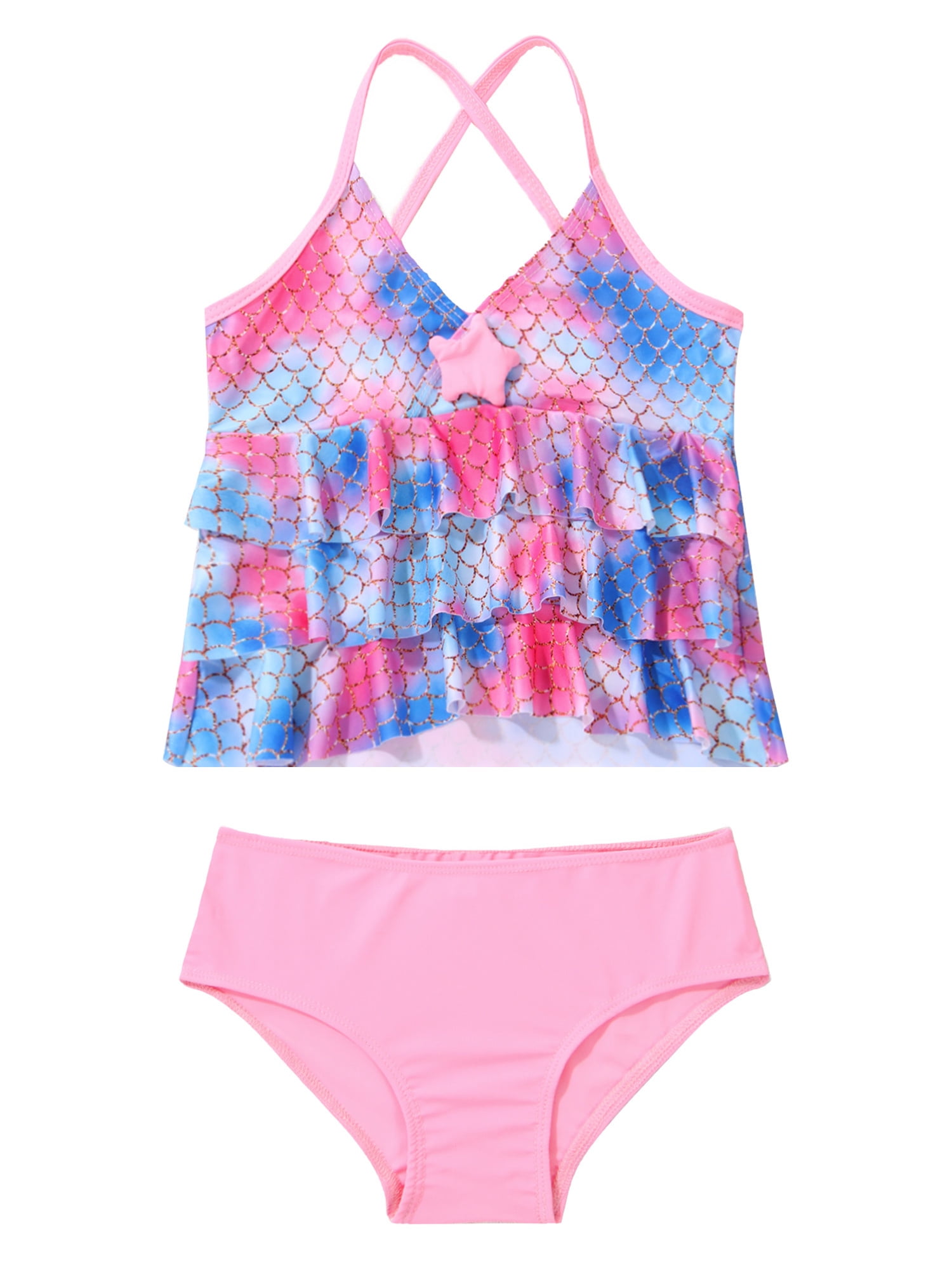 inhzoy Kids Girls Fish Scales Printed Cross Back Swim Tops Bottoms Set ...