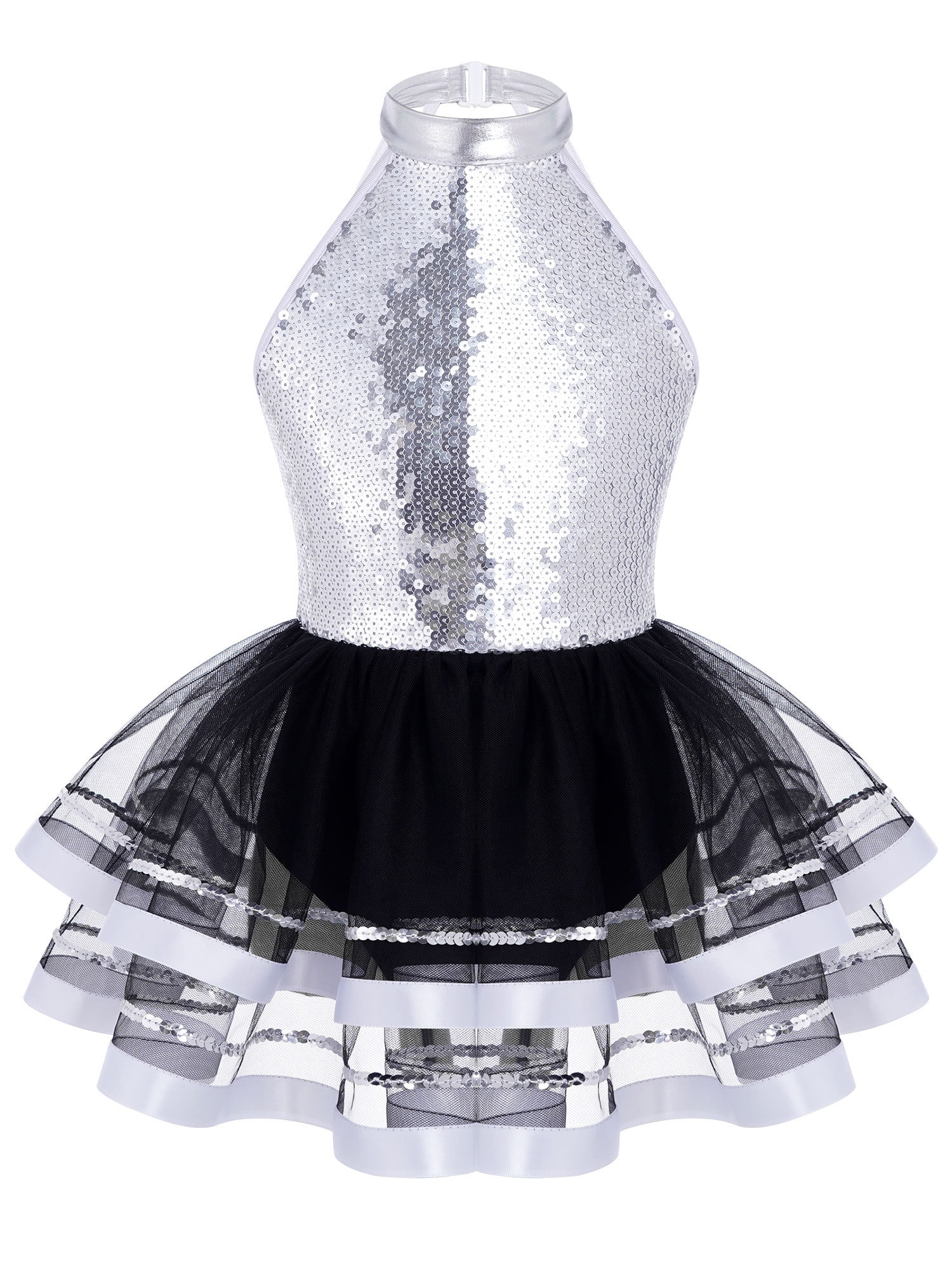 inhzoy Kids Girls Glittery Sequins Splice Leotard with Tutu Mesh Skirts ...