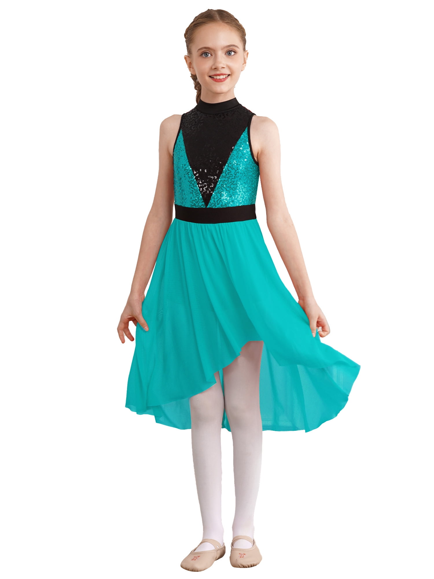 inhzoy Kids Girls High-Low Lyrical Dance Dress Sequins Sleeveless ...