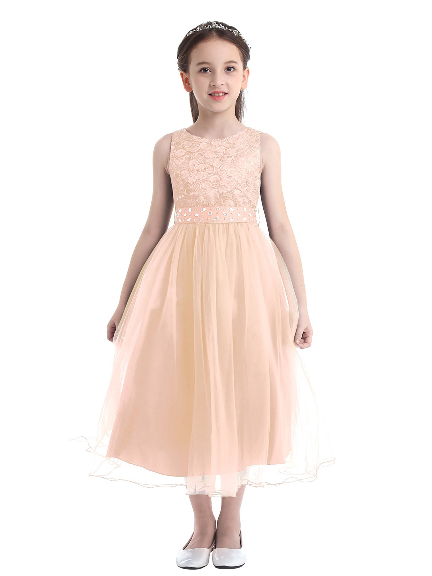 inhzoy Kids Girls High Waist Bridesmaid Princess Dress Sequins Flowy ...