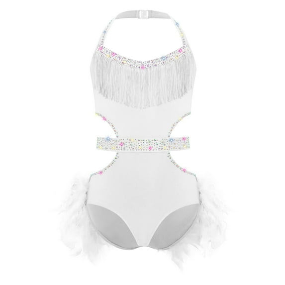 inhzoy Kids Girls Latin Dance Unitard Sleeveless Rhinestone Feather ...