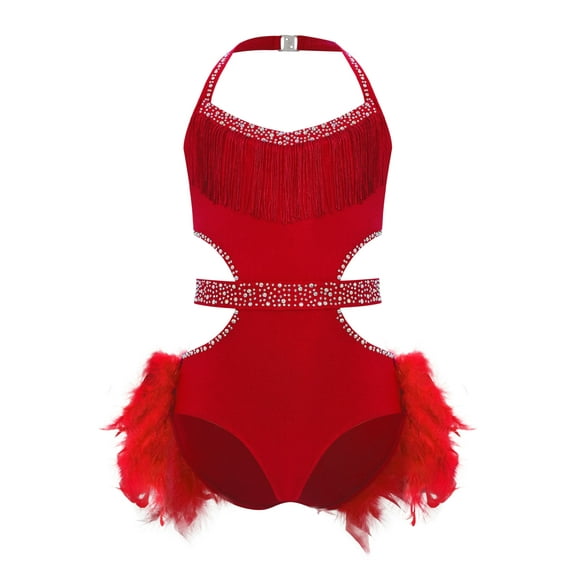 inhzoy Kids Girls Latin Dance Unitard Sleeveless Rhinestone Feather ...