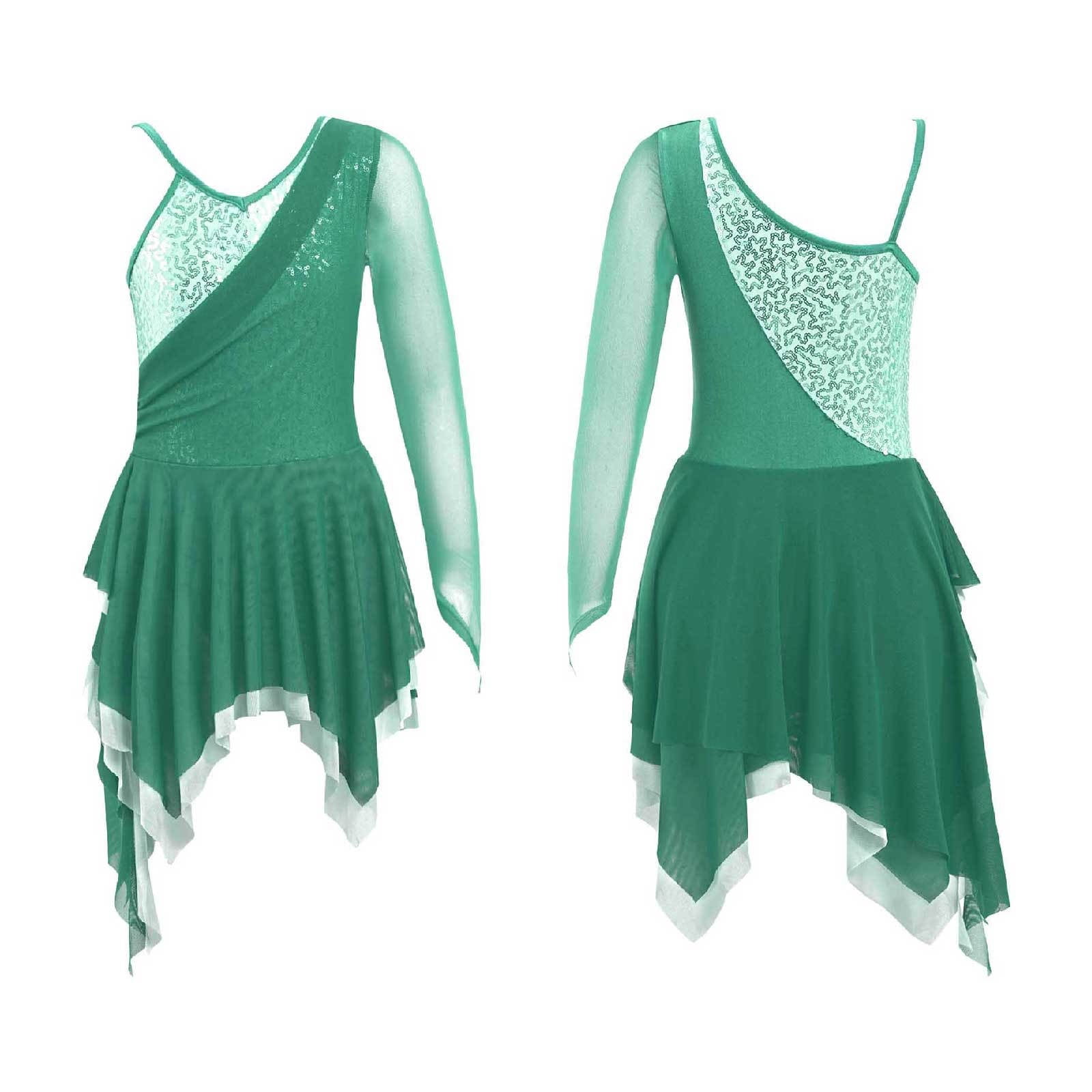 inhzoy Kids Girls Long One Sleeve Sequins Mesh Irregular Hem Dance ...
