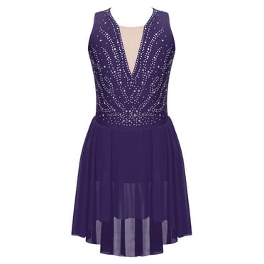 Doomiva Kids Girls Shiny Rhinestone Figure Skating Dress Long Sleeve Ballet Lyrical Dance Dress ...