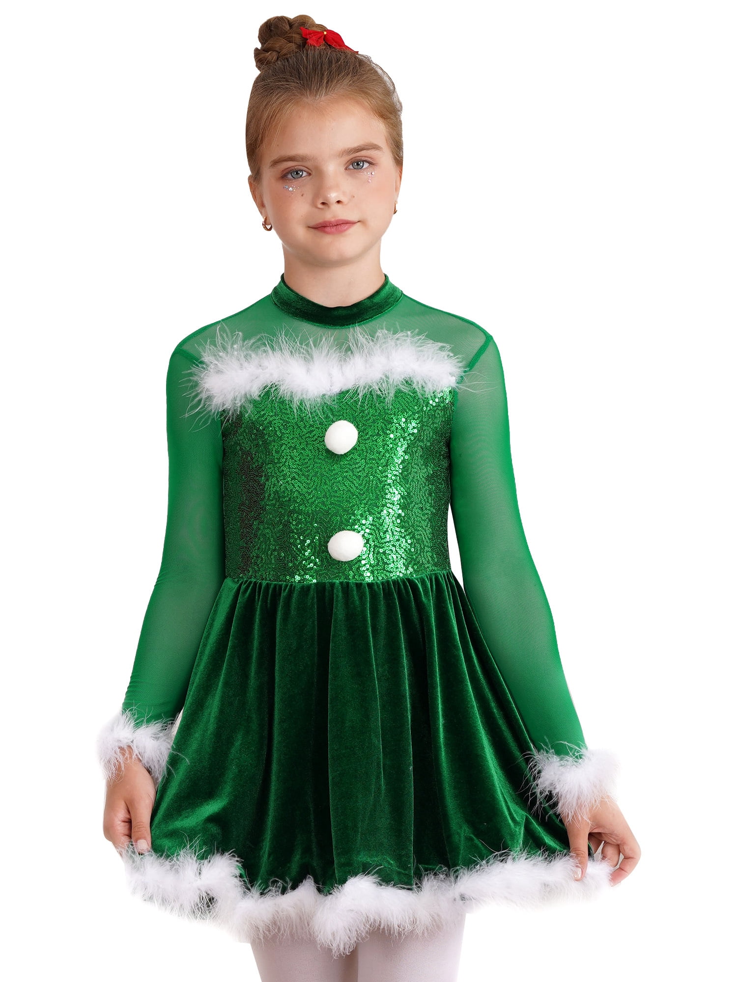 inhzoy Kids Girls Mesh Long Sleeve Figure Skating Dance Dress Christmas ...