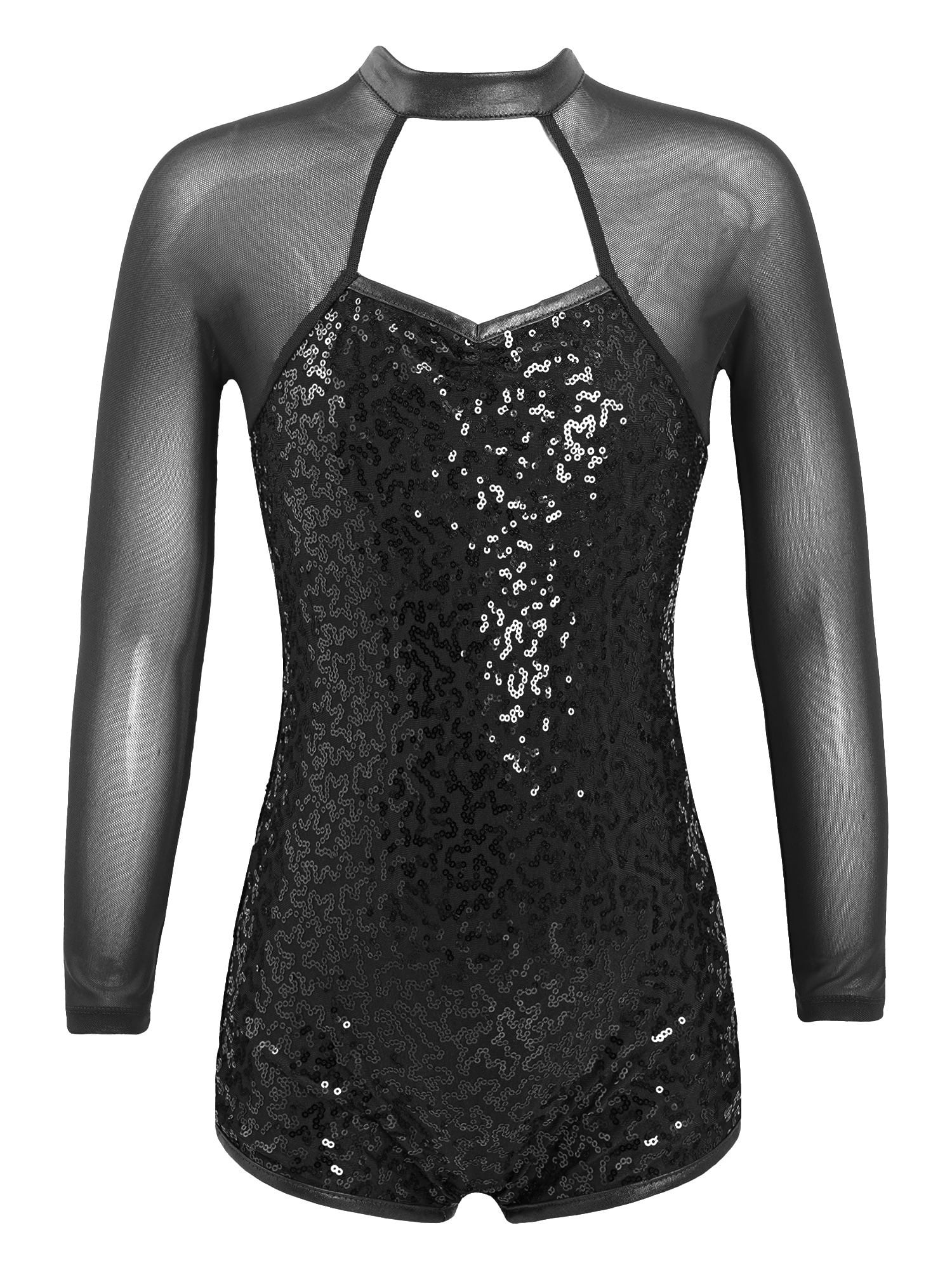 inhzoy Kids Girls Mesh Splice Long Sleeve Sparkly Sequins Dance ...