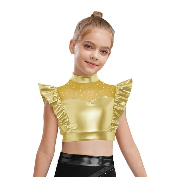 inhzoy Kids Girls Metallic Jazz Hip-Hop Dance Shirt Rhinestone Adorned ...