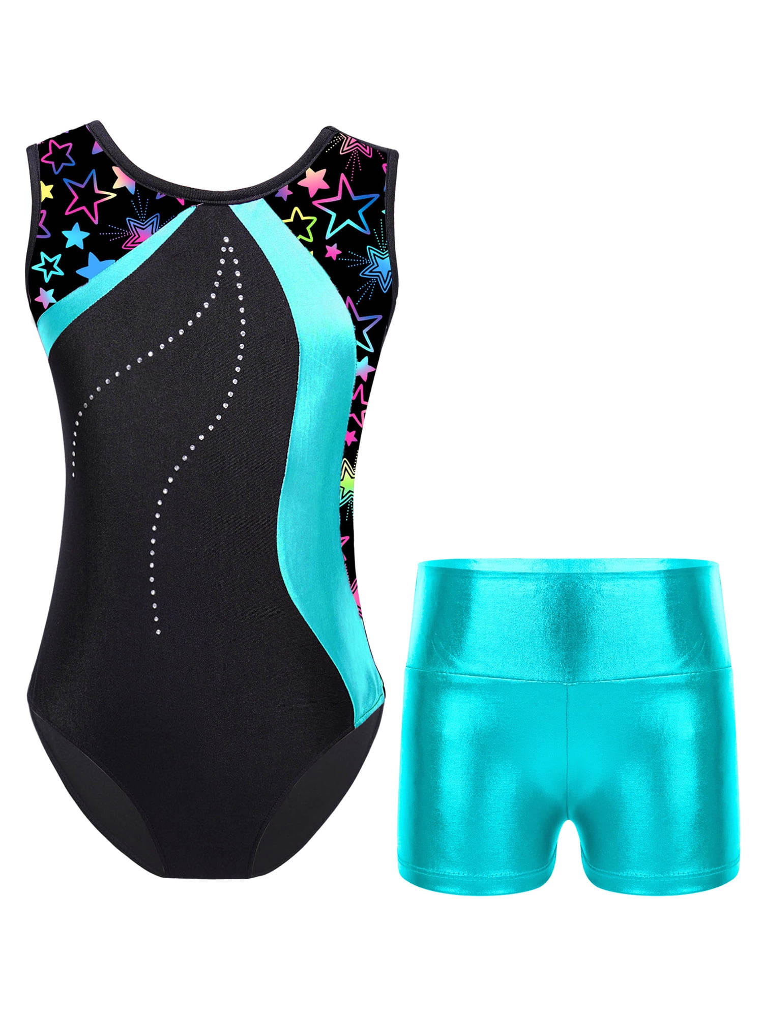 inhzoy Kids Girls Metallic Rhinestones Gymnastics Leotard Shorts Sets ...
