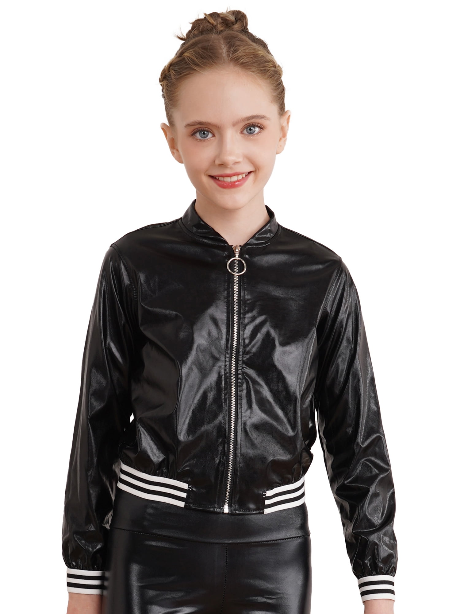 inhzoy Kids Girls Metallic lightweight Zip-Up Bomber Jacket,Sizes 6-16 ...