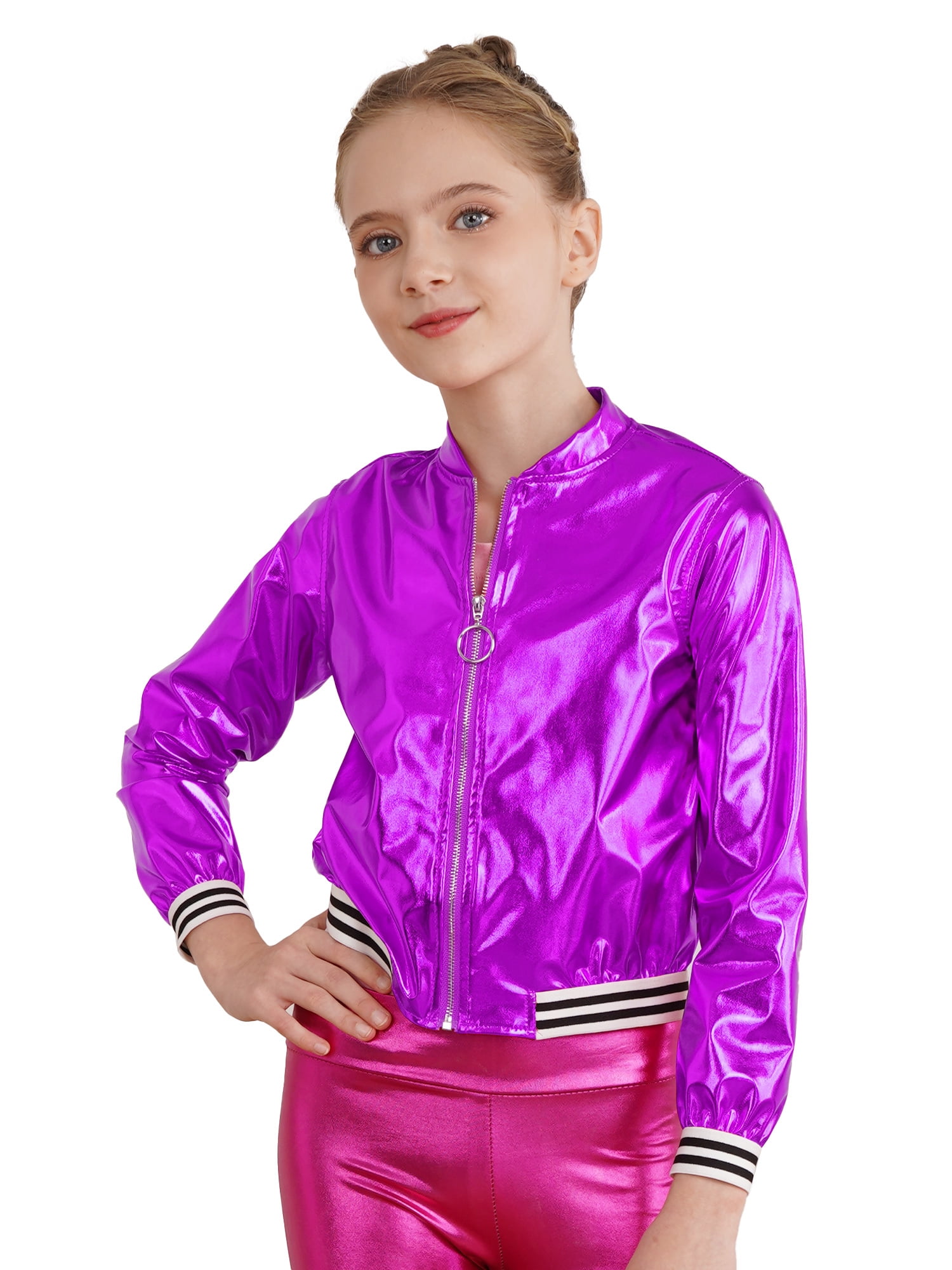 inhzoy Kids Girls Metallic lightweight Zip-Up Bomber Jacket,Sizes 6-16 ...