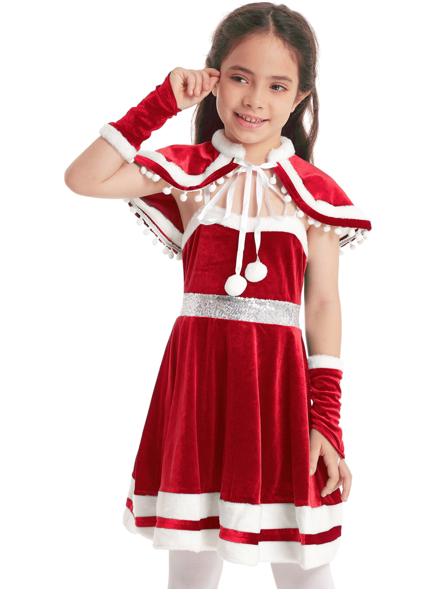 inhzoy Kids Girls Miss Santa Dress-Up Velvet Dress with Christmas Cloak ...