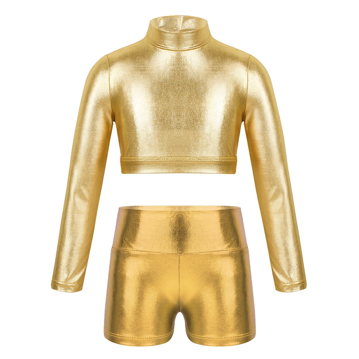 inhzoy Kids Girls Mock Neck Glossy Metallic Crop Top and Shorts Bottoms ...