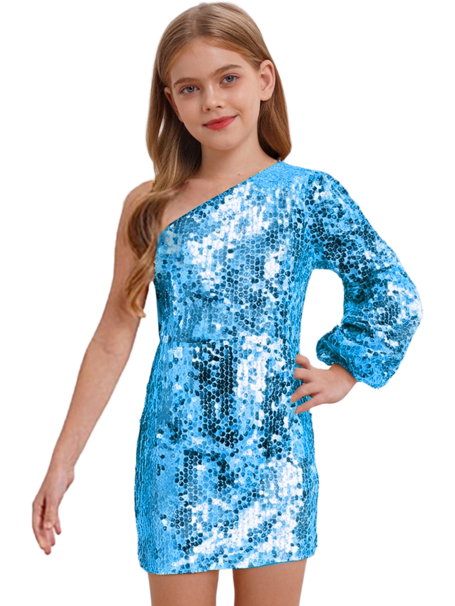 inhzoy Kids Girls One Shoulder Long Sleeve Sparkle Sequin Mini Dress ...