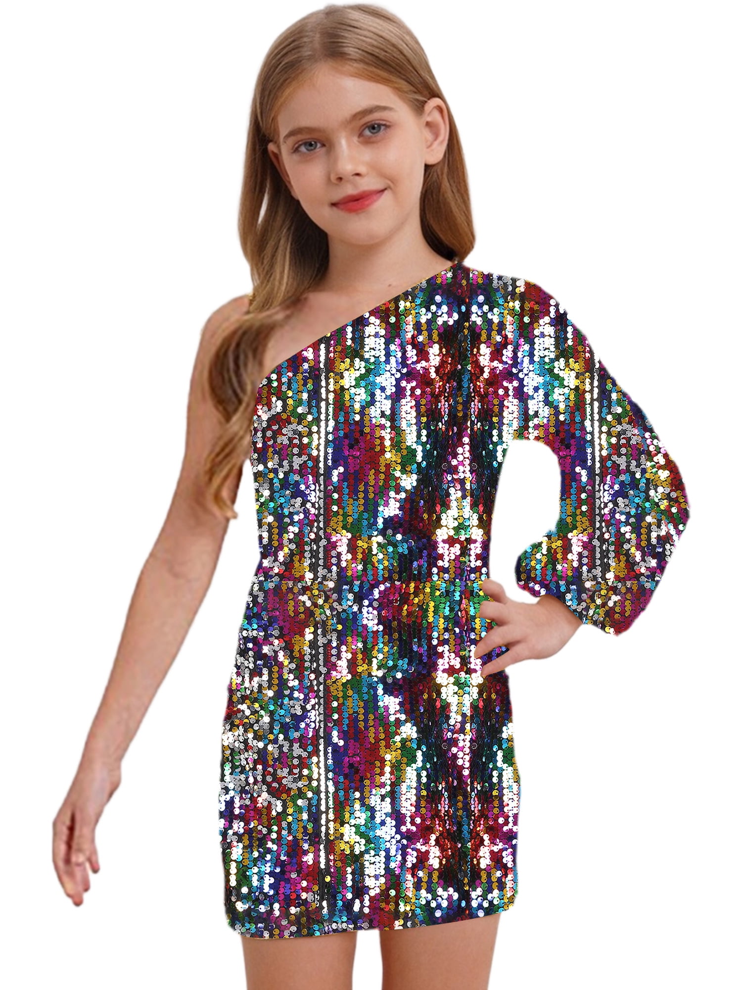 inhzoy Kids Girls One Shoulder Long Sleeve Sparkle Sequin Mini Dress ...