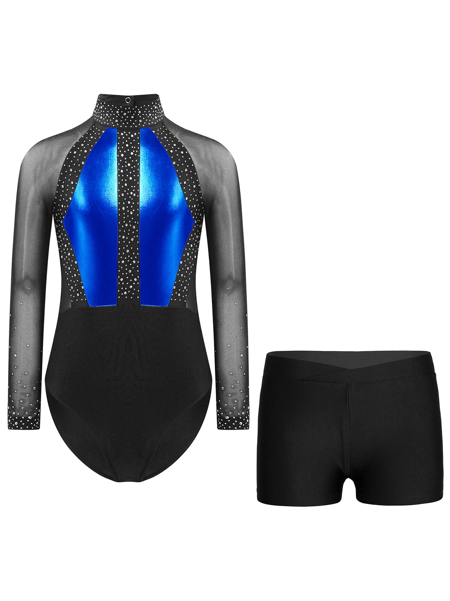 inhzoy Kids Girls Rhinestones Long Sleeve Gymnastics Leotard Sheer Mesh ...
