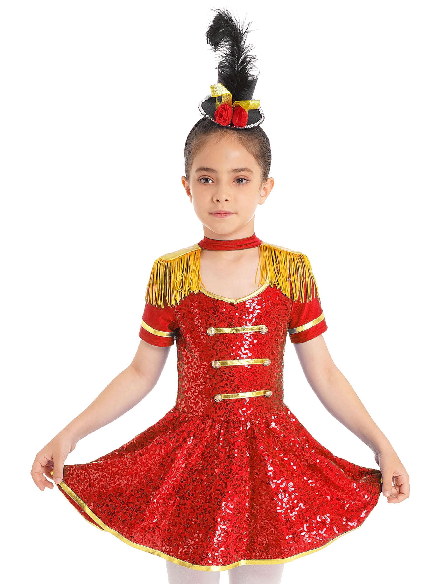 inhzoy Kids Girls Sequins Majorette Drum Major Costume Tassel Circus ...
