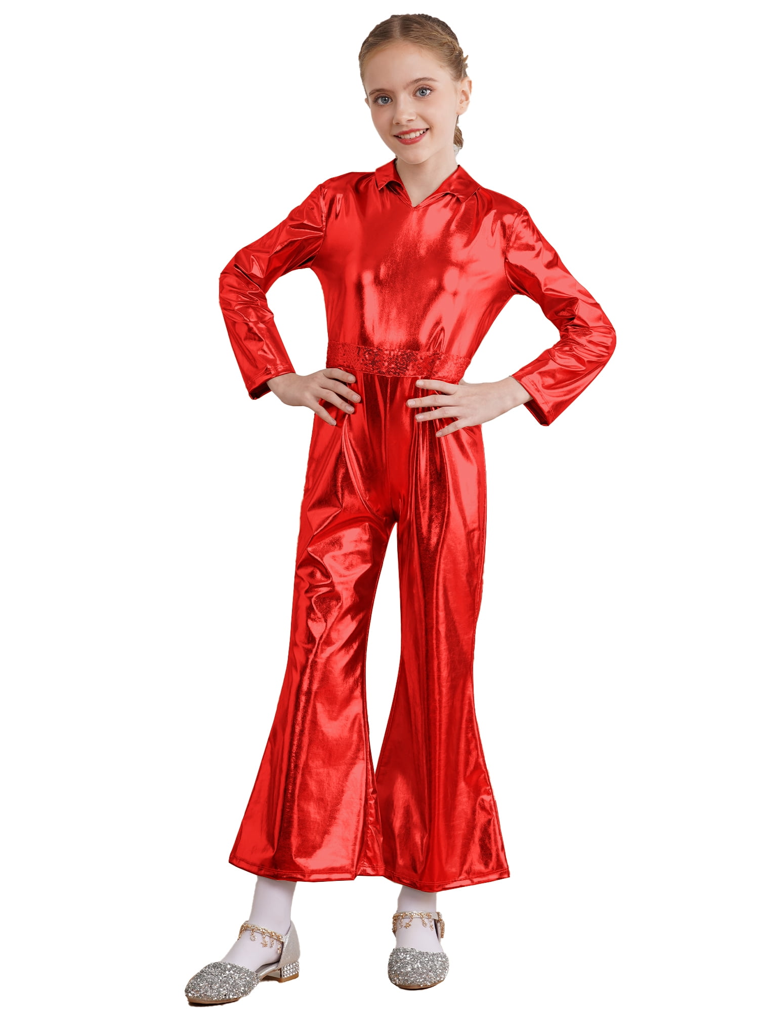 inhzoy Kids Girls Shiny Metallic Bell Bottom Leotard Jumpsuit Dance ...