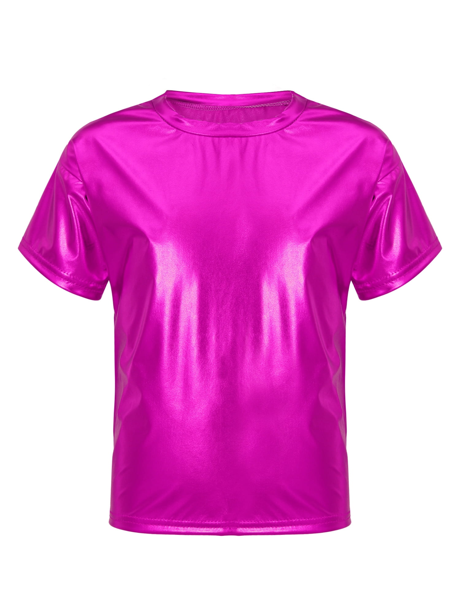 inhzoy Kids Girls Shiny Metallic Crop Tops Dancewear Short Sleeves ...