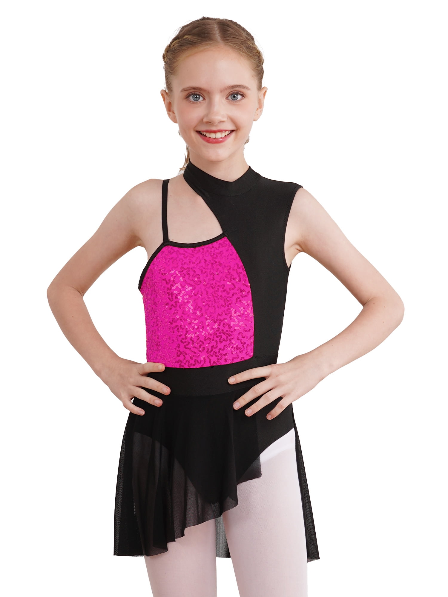 inhzoy Kids Girls Sleeveless Halter Neck Sequins Splice Leotard Dress ...
