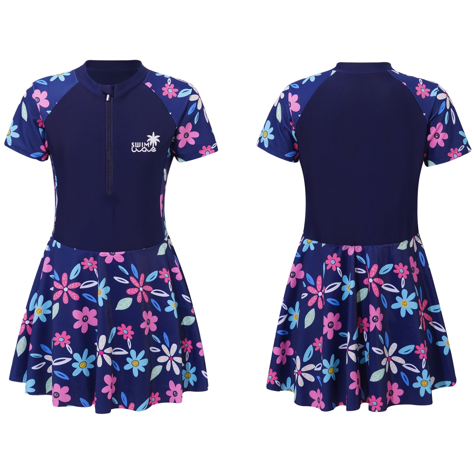 inhzoy Kids Girls Swimsuit Flower Printed Short Sleeve Swimming Dress ...