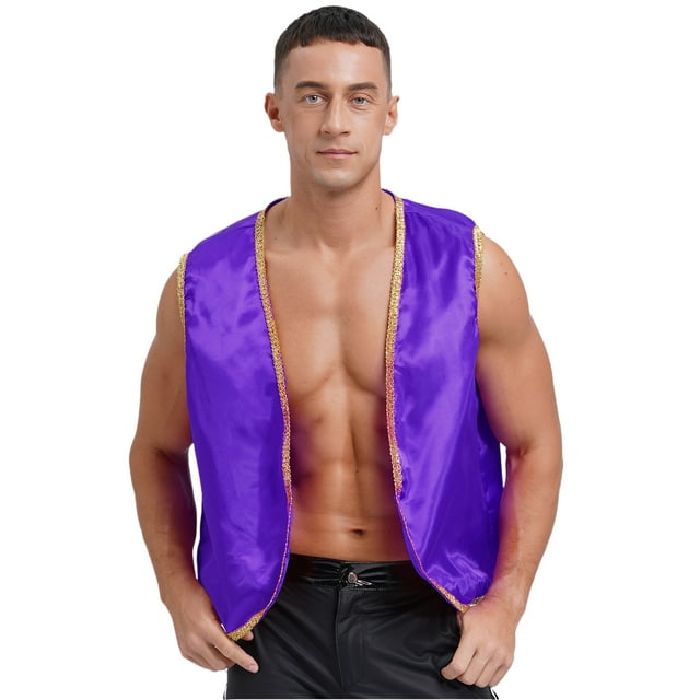 inhzoy Mens Arabian Prince Vest Tops Shiny Satin Gold Trim Sleeveless ...